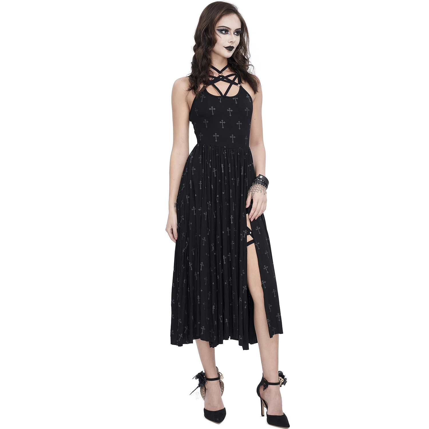Black 'Emelia' Long Dress with Hot Pants by Devil Fashion • The Dark Store™